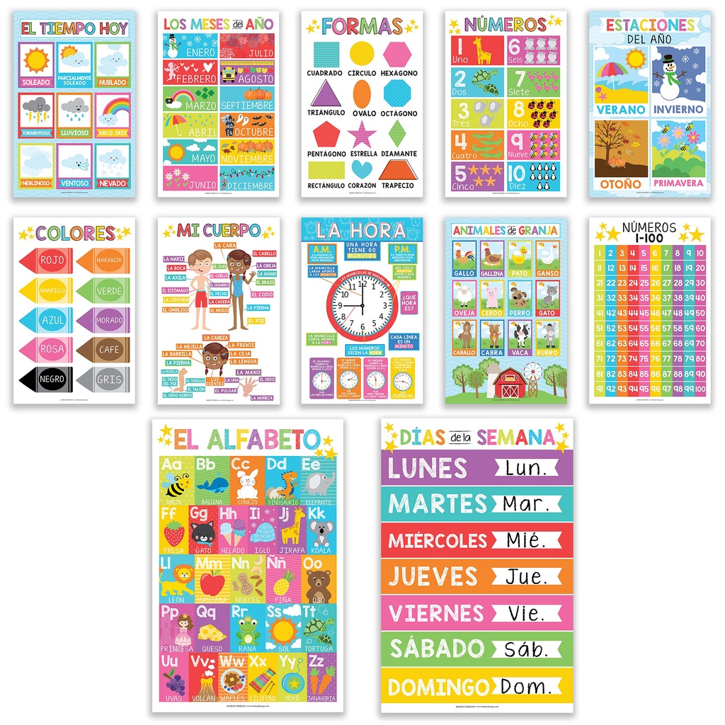 Colorful Spanish Preschool Educational Laminated Posters, Set of 12 ...